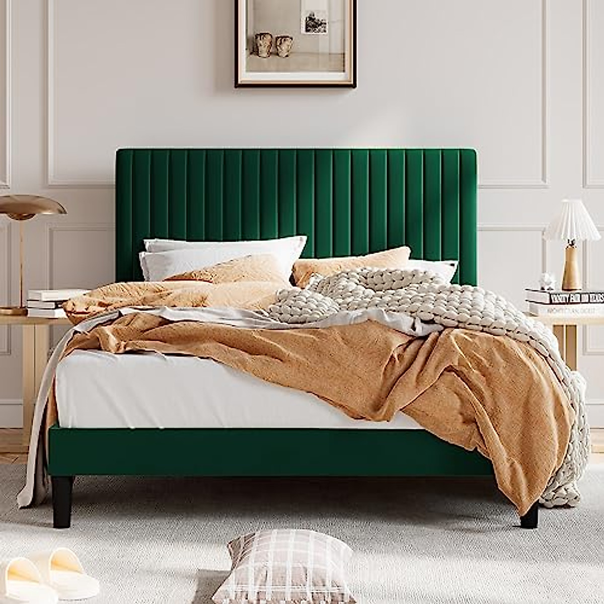 SHA CERLIN Queen Upholstered Platform Bed Frame with Vertical Channel Tufted Velvet Fabric Adjustable Headboard, Wooden Slats Support, Mattress Foundation, Box Spring Optional, Green