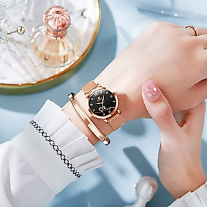 OLEVS Womens Watches Rose Gold Mesh Strap Fashion Dress Quartz Waterproof Luminous Watches for Women Bracelet Sets Black Face
