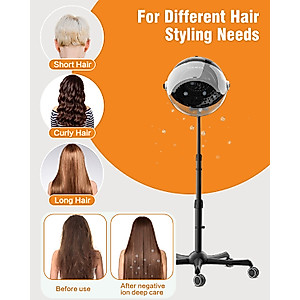 COLLIFORD Ionic Hooded Hair Dryer, 1875W Professional Height Adjustable Standing Hair Dryer Bonnet with 3 Temperature Settings, Portable Salon Dryer with Rolling Wheels for Home & Hairstylist