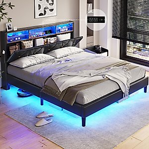 BTHFST Full Size Bed Frame with LED Lights & Charging Station, LED Bed Frame Full Size with Headboard Storage, Faux Leather Upholstered Bed with Shelf Headboard, No Box Spring Needed, Black PU