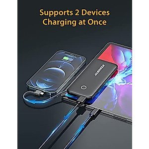 Portable Phone Charger Power Bank 10000mAh, Alongza Portable Charger Built in Cable USB Battery Pack, Slim External Backup Battery Charger with Cable, Travel Charger Compatible with iPhone and Android