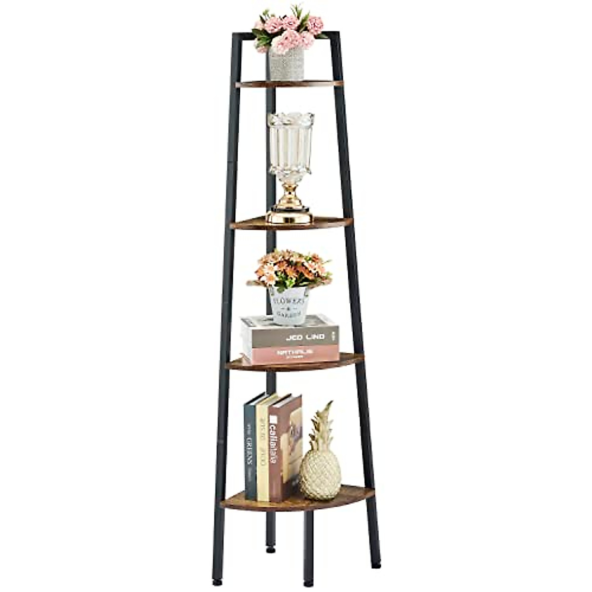 Hoctieon Corner Shelf, 4-Tier Corner Bookshelf, Rustic Corner Ladder Shelf, Industrial Display Shelf for Living Room, Kitchen, Home Office, Balcony, Small Space, Metal Frame, Rustic Brown