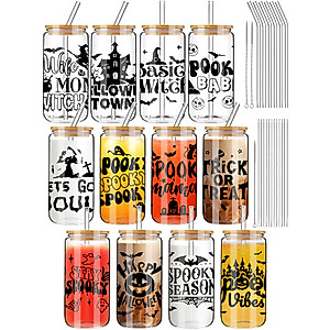 Umigy 12 Pcs Halloween Cups 16oz Halloween Mason Jar with Lid Straw Halloween Tumbler Ghost Iced Coffee Cups Beer Glassware Cookie Jar Gift Drinking Water Bottles Halloween Decoration (Retro Style)