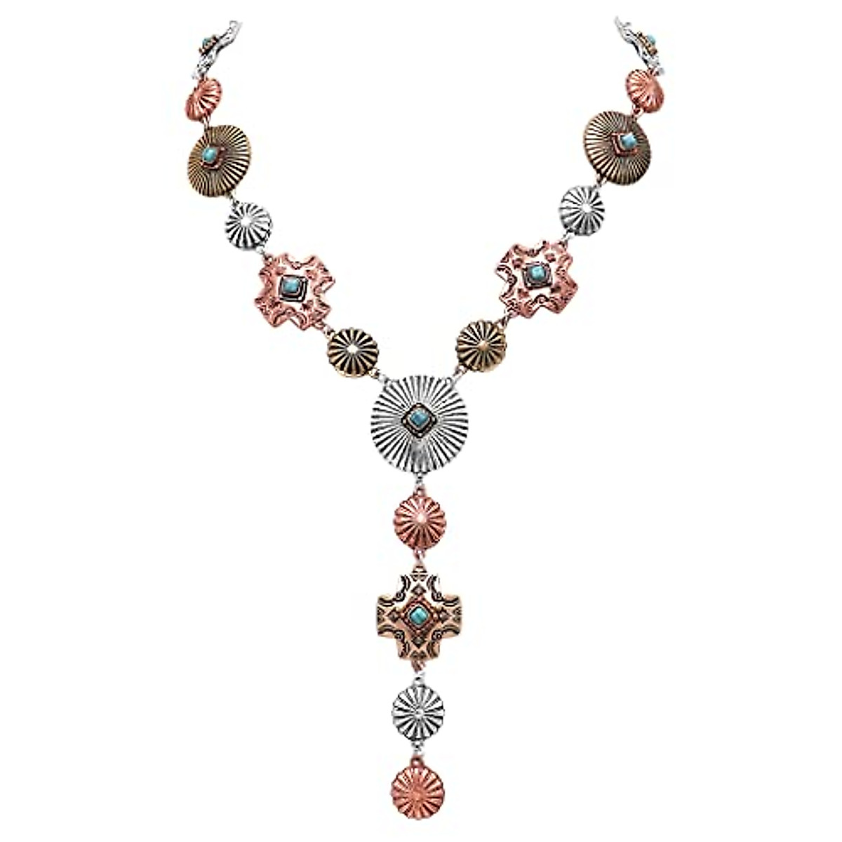 Rosemarie & Jubalee Women's Stunning Tri Toned Western Conchos With Semi Precious Turquoise Howlite Stone Y-Drop Collar Necklace, 17"+3" Extender