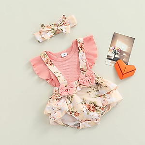 MERSARIPHY Newborn Baby Girl Summer Clothes Cotton Linen Romper Floral Bodysuit Tops With Headband (Pink, 0-3 Months)