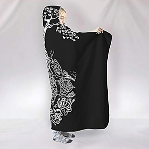Festhad Black Ethnic Tree of Life Totem Norse Viking Yggdrasil Runes Wolf Raven Print Hooded Blankets Funny Cuddly Warm Winter Sherpa Fleece Hood Poncho Cloak Cape for Adults Kids White 60x80 inch