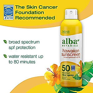 Alba Botanica Sunscreen for Face and Body, Hawaiian Coconut Sunscreen Spray, Broad Spectrum SPF 50 Sunscreen, Water Resistant and Biodegradable, 6 fl. oz. Bottle
