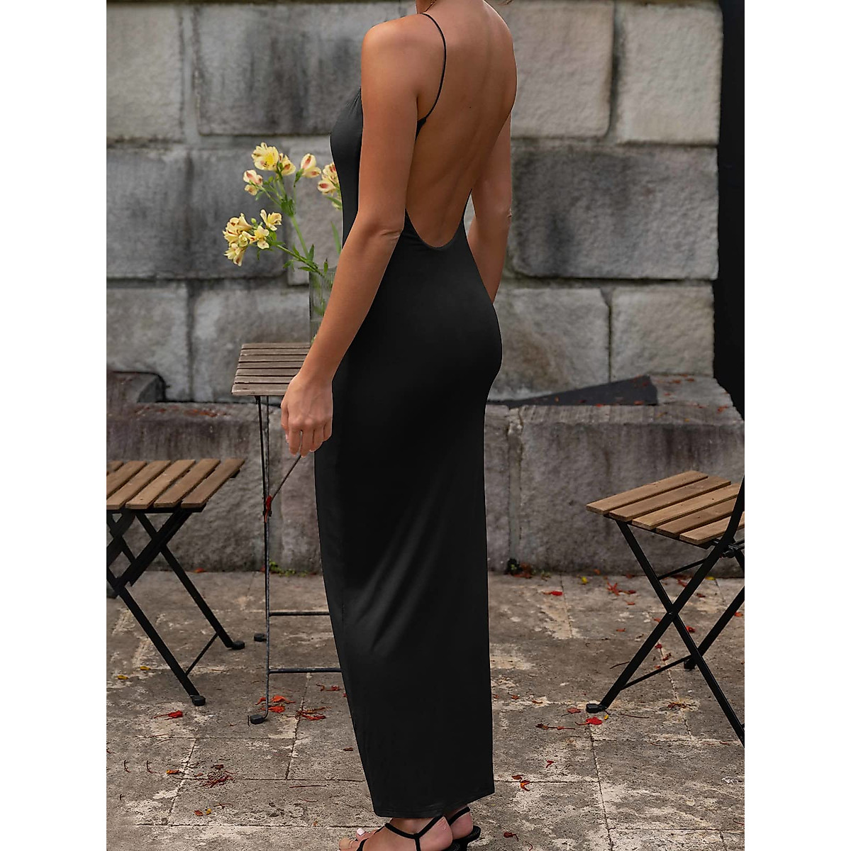 LILLUSORY Birthday Dress Sun Dresses for Women 2023 Summer Casual Sexy Dinner Backless Spaghetti Strap Bodycon Maxi Dresses Ladies Party Date Cami Long Dress Black