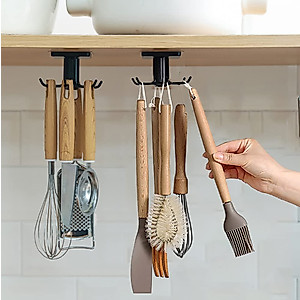 EigPluy 2pcs Under Cabinet Kitchen Utensil Hooks,360° Rotating Kitchen Utensil Rack,Drilling Free Adhesive Kitchen Utensils Hanging Rack for Kitchen Utensils/Tools/Towel/Knife(Black)