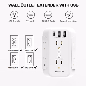 Outlet Extender and USB Wall Charger, 6 Outlets, 2 USB Ports and 1 USB-C Port Surge protector. Multi-outlet for Home, Office, Travel