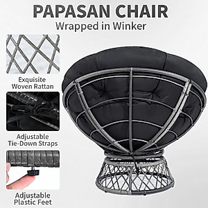 KROFEM 44" Giant Oversized Wicker Papasan Chair with Cushion Teens and Adults, Fluid 360 Swivel, Ideal for Dorm, Bedroom, or Living Room Grey Frame with Black Cushion