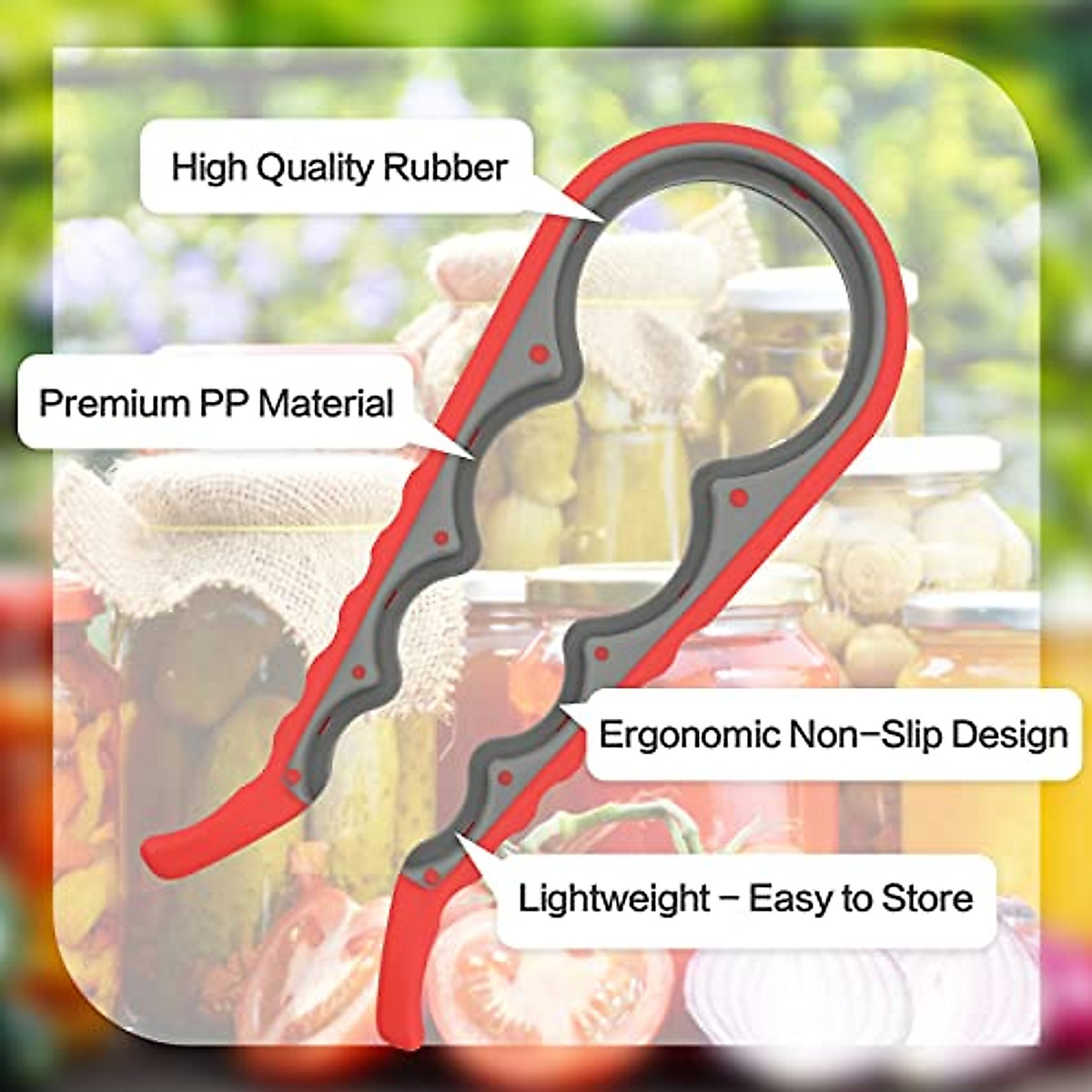 Elyum Jar Opener, 5 in 1 Bottle Opener Multi-Function Can Opener with Silicone Handle, Jar Opener for Weak Hands, Seniors with Arthritis, Lid Opener for Children (Red, 2-Piece Set)