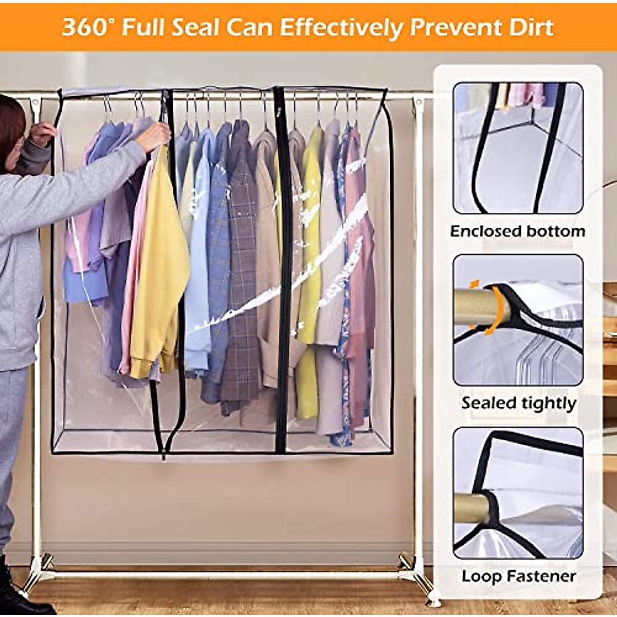 MISSLO 40" Hanging Garment Bags for Closet Storage Clear Garment Rack Cover Bottom Enclosed Cloth Cover Hanging Clothes Storage Bag Waterproof Clothes Protector for Suits, Coats, Sweaters, Shirts