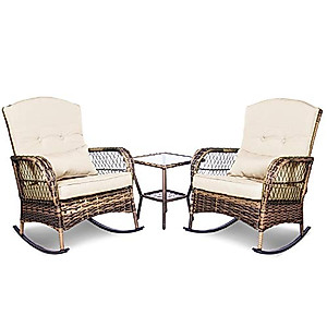 ENSTVER 3 Pieces Patio Conversation Set w/ 2 Rattan Wicker Rocking Chairs and Glass Table,for Garden Backyard Lown Porch (Beige)
