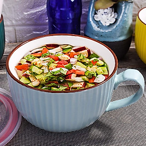 BOSILI Ceramic Soup Bowls with Handles Microwave Safe Bowl with Lid Microwavable Soup Mug with Lid Large Soup Cups for Ramen Noodle Cereal