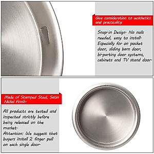 4PCS Closet Door Finger Pull - Satin Nickel, 2-1/8' Easy Snap-in Circular Sliver Pulls, No Nails Needed, Perfect for Cabinet, Pocket, Sliding, Bi-Pass Door