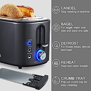 Toaster 2 Slice KETIAN Retro Bagel Toaster 1.5’’ Extra Wide Slot, 6 Toast Settings Cancel Reheat Bagel Defrost Functions, Removable Crumb Tray, 800W, Black