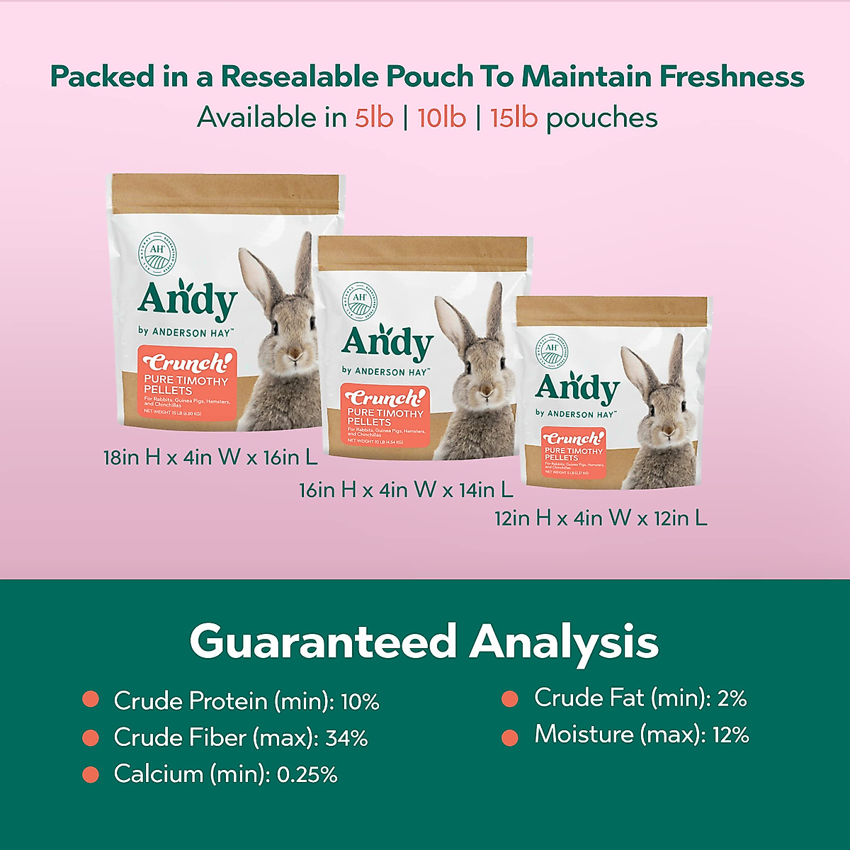Andy Timothy Hay Pellets, Crunch! Pure Organic Rabbit Food, 15 lb Bag, Premium Guinea Pig and Chinchilla Hay, Balanced Nutrition for Rabbits, Chinchillas, and Guinea Pigs