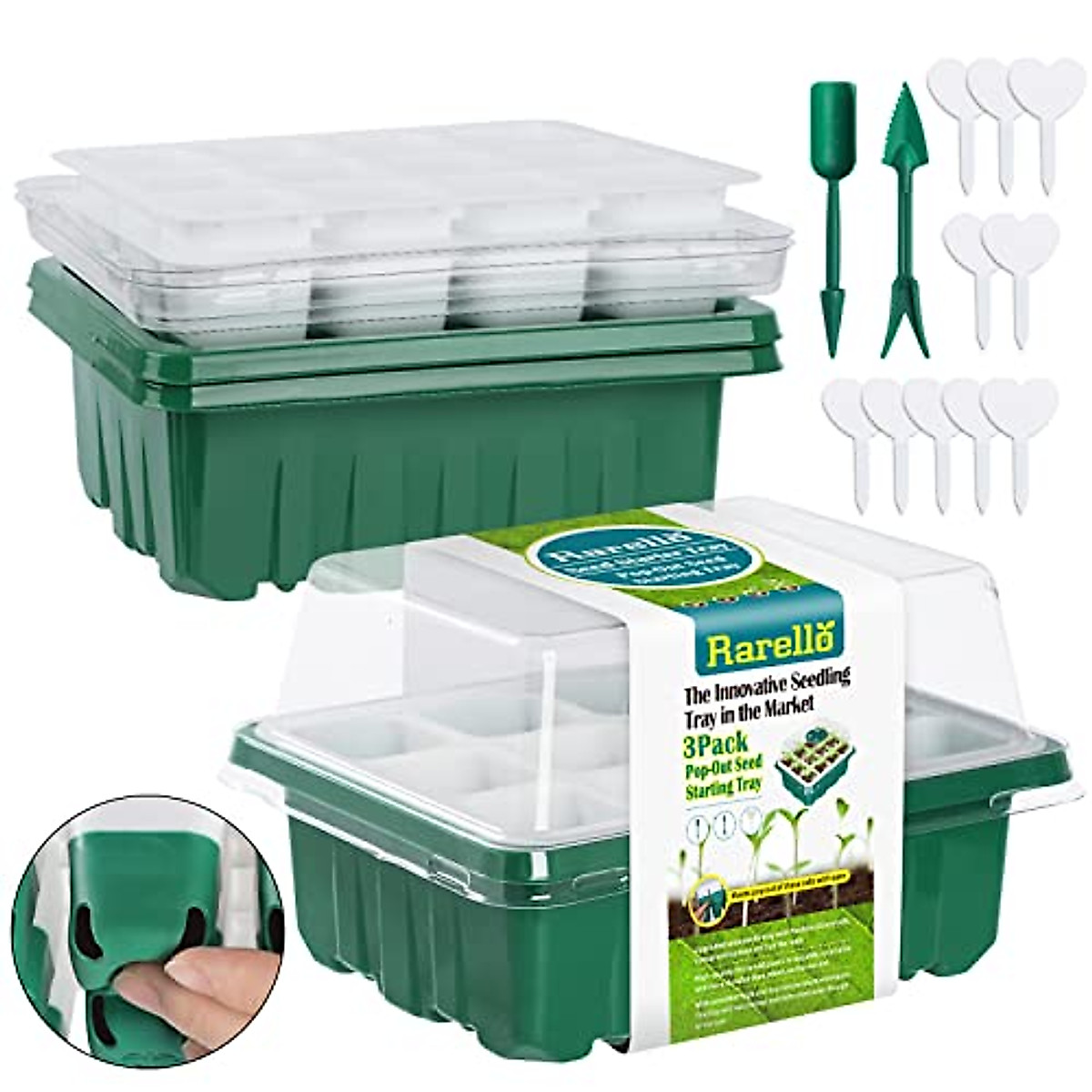 Rarello 3 Packs Seed Starter Tray Seed Starter Kit,36 Cells Reusable Seedling Starter Trays With Flexible Silicone Bottoms And Humidity Domes,Indoor Greenhouse Garden Propagation Set for Seed Starting