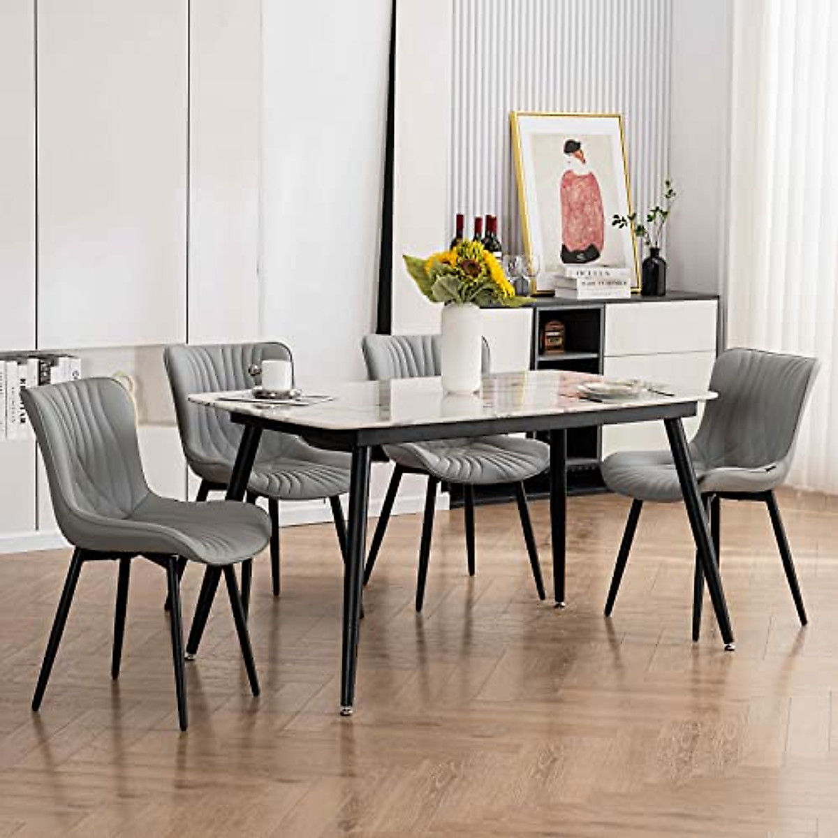 YOUTASTE Grey Dining Chairs Set of 2 Faux Leather Upholstered Kitchen Dining Room Chairs Mid Century Modern Metal Legs Chairs High Back for Kitchen Restaurant Living Room Bedrooms