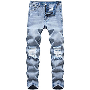 Men's Ripped Distressed Jeans Destroyed Slim Fit Skinny Stretchy Denim Pants Vintage Hip Hop Washed Holes Jean (Light Blue,38)