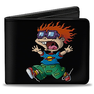Rugrats Men's Buckle-Down PU Bifold Wallet-Chuckie Running Pose + Saturn Black, Multicolor, 4.0" x 3.5"