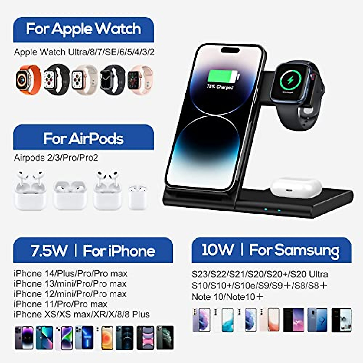 Wireless Charger, 3 in 1 Wireless Charging Station, Apple Watch Charger for iPhone 14/13/12/11/Pro/Max/XS/XR/X/8/Plus, for Apple Watch 8/Ultra/7/6/SE/5/4/3/2/AirPods 2/3/Pro/Pro2