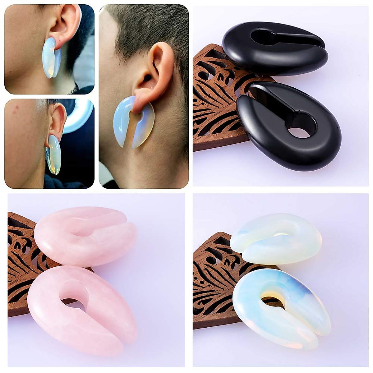 CHUANCI Pair Keyhole Pink Black Opal Stone Ear Weight Hanger Ear Expander Piercing Plug (Pair Black 10mm)