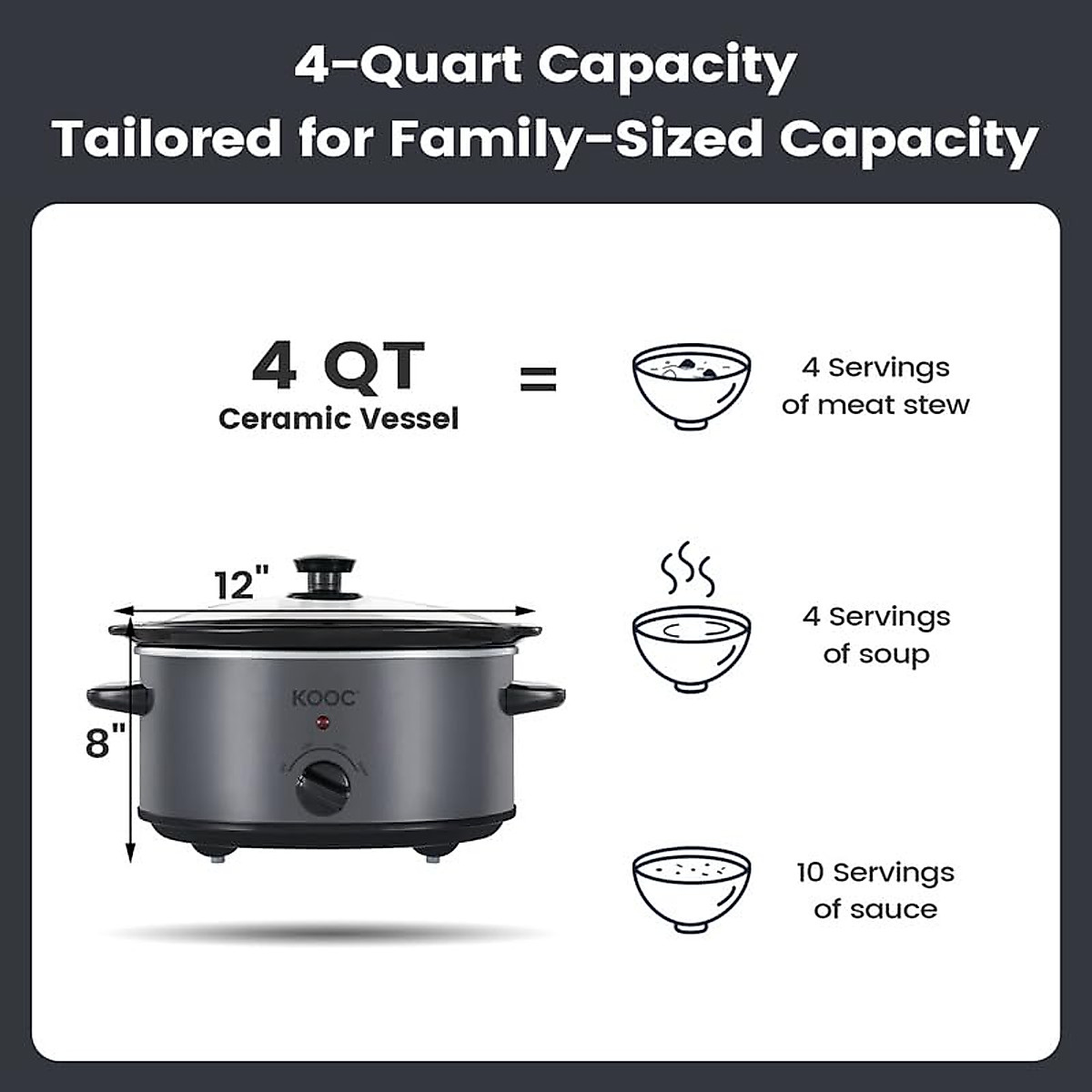 KOOC 4 Quart Slow Cooker, Free Liners Included for Easy Clean-up, 3 Temperature Settings, Dishwasher Safe Crock, Stainless Steel, GREY, Ellipse