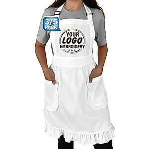 TEEAMORE Custom Embroidered Ruffle Apron Add Your Logo Kitchen Cooking Baking Grilling Maid Costume Women's Apron White
