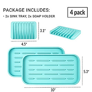 UHMER Silicone Sink Tray & Self Draining Soap Dish 4-Pack, Multipurpose Silicone Sponge Holder & Kitchen Sink Tray Set for Soap Bottles, BPA-Free Flexible Silicone Trays (Turquoise)