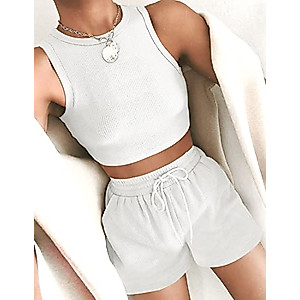 ZESICA Women's Waffle Knit Sleeveless Crop Top and Shorts Pullover Nightwear Lounge Pajama Set with Pockets,CropWhite,Small