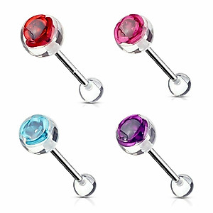 4 Pc 14g 5/8inch Floating Titanium Rose Embeded in 10 MM Clear Ball Tongue Rings, Clear,Titanium,Aqua,Purple