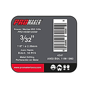 PROMAKER HSS Tip Metal Drill Bits 3/32 inch (10 PCs) for Metal, Steel, Cast Iron, Wood and Plastic 4241 PRO-HSSB123320