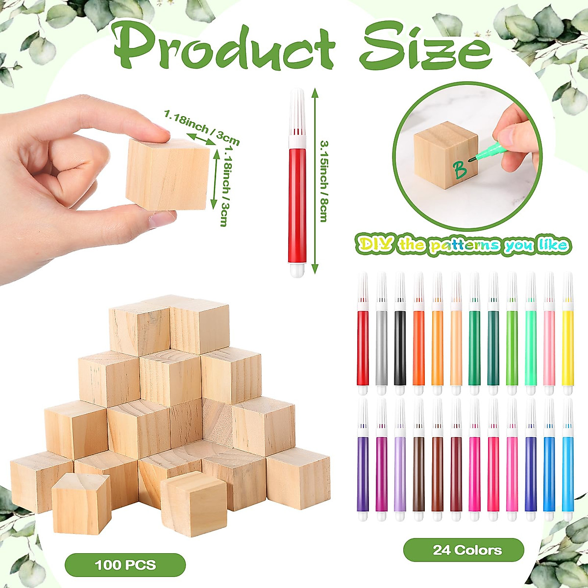 Dinifee 125 Pcs Baby Shower Decorate a Block Game Set Includes Help Us Build Memories Sign 100 DIY Blank Wooden Block 24 Paint Marker Baby Shower Prize for Wedding Baby Shower Game (Leaves)