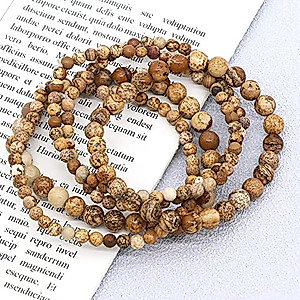 C&L Accessories Beaded Bracelets For Women Men and Teens 5 Pcs Natural Gemstone Bead Ball Bracelet Stretchable Elastic Bracelet (Paysage Jasper Bracelet)