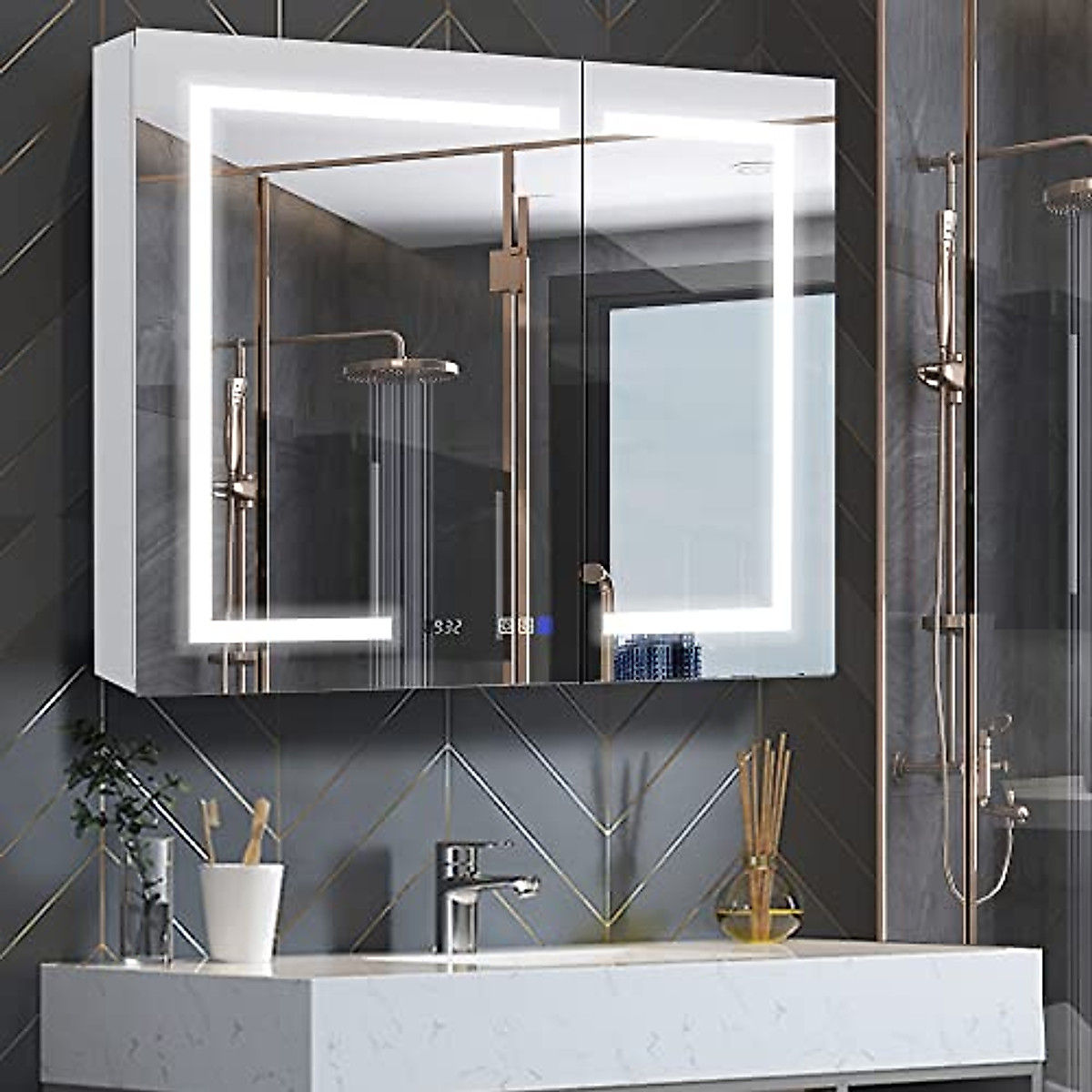 ExBrite Lighted Medicine Cabinet,36x30 in Medicine Cabinets for Bathroom with Mirror,Surface or Recessed Mount LED Medicine Cabinet,3-Layer Storage Shelves,Defog,Dimming,Clock