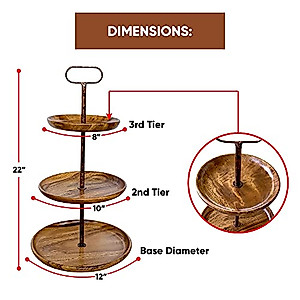 Wrightmart 3-Tiered Wooden Serving Stand, with 3 Round Server Tray Sections, Rustic Food Display for Cupcakes, Snacks, Pastries, Fruit, Desserts, Mixed Nuts, Handmade, Antiqued Steel Frame, Natural