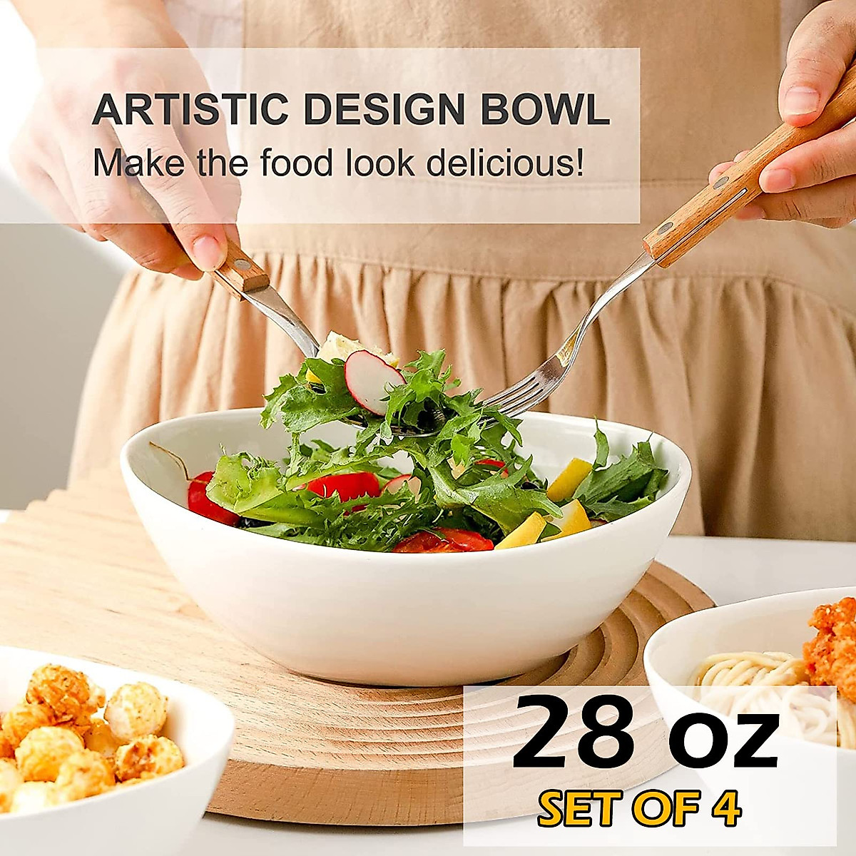 Hasense Porcelain Serving Bowls 36 Ounce Large Salad Bowl Set of 4, 28 Ounce Cereal Soup Bowls Set Set of 4, 10 Ounce Small Ice Cream Dessert Dishes Set of 4 - White