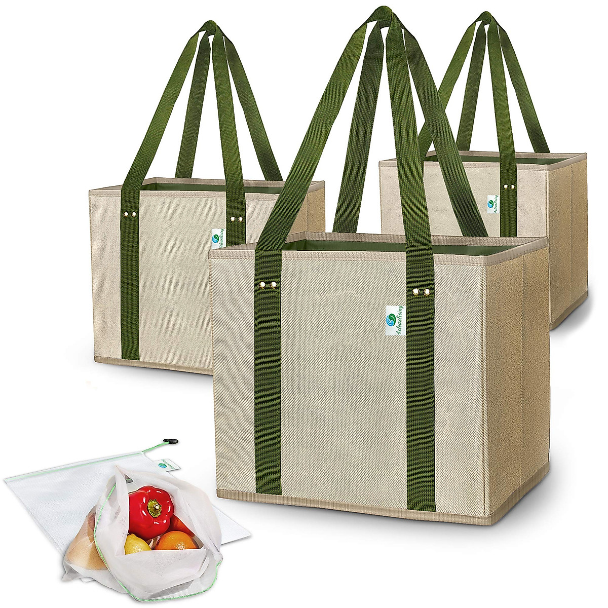 4cleanliving Reusable Shopping Bag Boxes | Set of 3 Reusable Grocery Totes | Premium Foldable Washable Sturdy Heavy Duty | Environment-Friendly | BONUS 2 Mesh Produce Bags