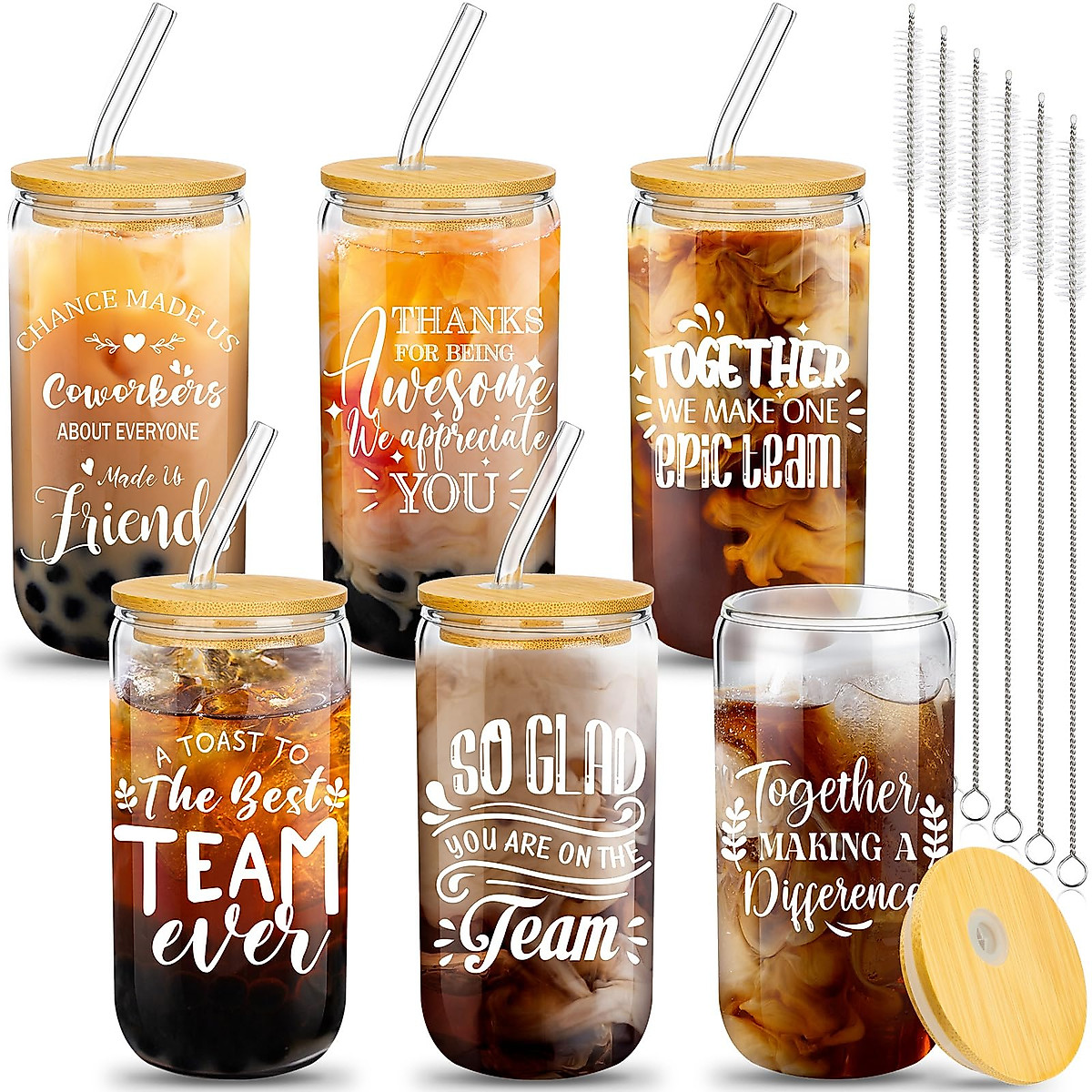 Purpeak 6 Set Employee Appreciation Gifts Thank You Gifts for Staff Coworker Thank You Glass Cups 16 oz Can Shaped Beer Glass with Lids Straws Brushes for Team Teacher Nurse(Inspirational Style)