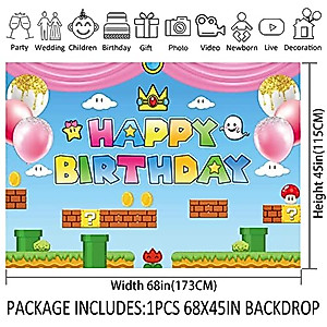68x45inch Fabric Video Game Birthday Backdrop Cartoon Super Brother Photography Background Adventure Gold Coin Mushroom Princess for Girl Party Decor Baby Shower Supplies Photo Banner Booth