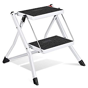 Delxo Step Stool Folding 2 Step Ladder Heavy Duty Steel Sturdy Wide Pedal Lightweight Anti-Slip Portable & Collapsible Two Stool Ladder Kitchen Closet 2 Step Stools for Adults White Stepladder