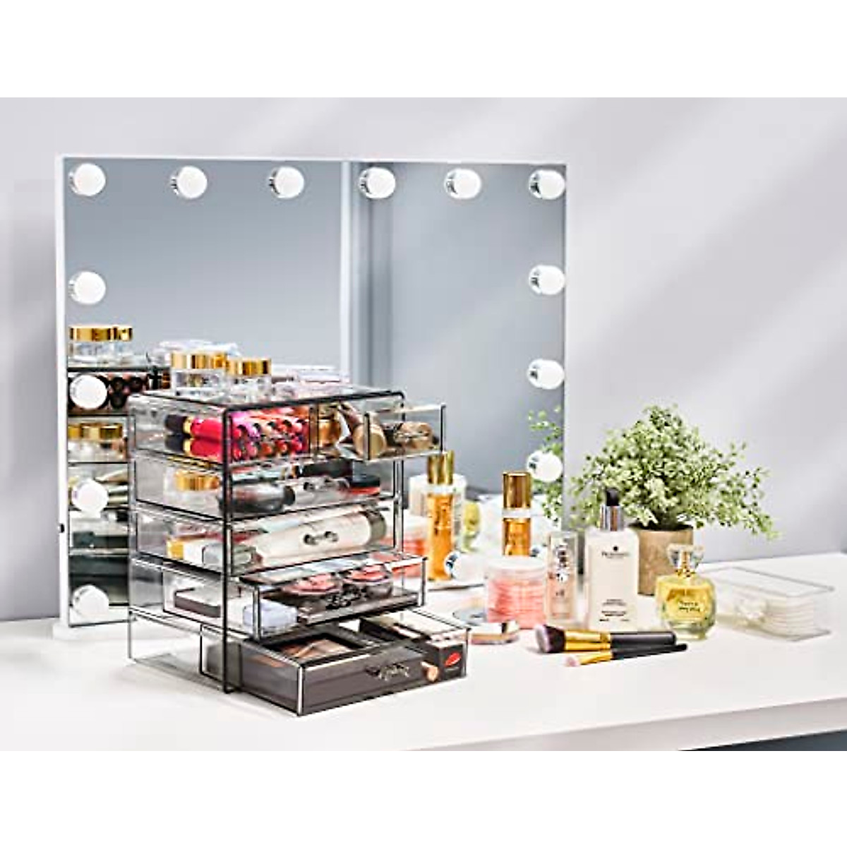 Sorbus Acrylic Clear Makeup Organizer - Big & Spacious Cosmetic Display Case - Stylish Designed Jewelry & Make Up Organizers and Storage for Vanity, Bathroom (4 Large, 2 Small Drawers - Black Jewel)