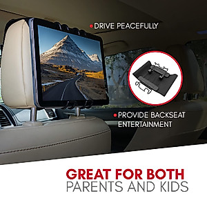 Macally Tablet Holder for Car Headrest for Happy Kids - (Upgraded) iPad Car Holder Back Seat Mount Strap - Rear Facing Head Rest iPad Holder for Car Backseat with Adjustable Case Angles