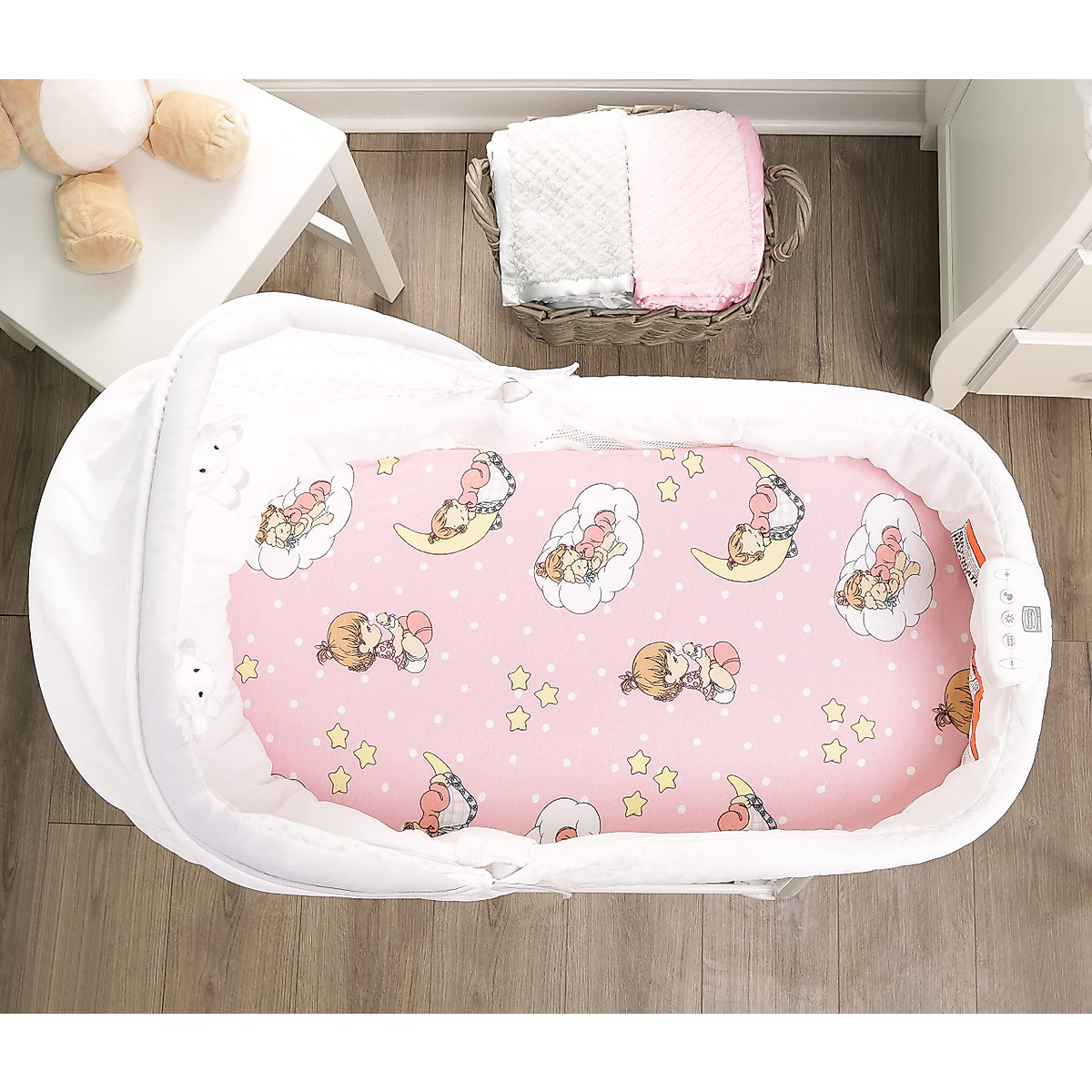 Bassinet Sheets 2-Pack 100% Cotton Jersey Knit, Precious Moments and Solid Pink Fitted Sheets for Baby Girl Bassinet, Compatible with Brands Bassinet Bedside Co-Sleeper Lounger Oval Rectangle Mattress