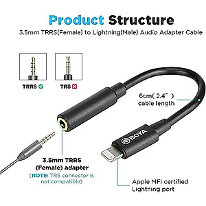 BOYA by-K3 Female Lightning to 3.5mm Microphone/Headphone Adapter Cable(2.4 inch) MFi Certified Lightning Aux Audio Jack Dongle Compatible with iPhone 14 Pro Max/14 Plus/13 12 Pro Max/SE/11 Pro