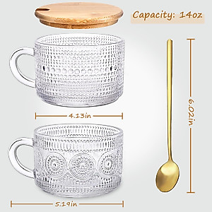 Gusnilo Set of 4pcs Vintage Embossed Clear Coffee Mugs with Bamboo Lid and Spoons,Tea,Latte,Yogurt Cups,Beverage,Overnight Oats Containers,14 Oz Glass Coffee Cups for Cappuccino