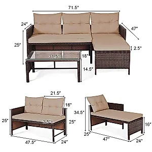 HAPPYGRILL 3-Piece Outdoor Rattan Sectional Sofa Set Patio Wicker Rattan Conversation Furniture Set, Steel Frame & Seat Cushion, Perfect for Garden Lawn Pool Backyard
