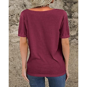 Danedvi Women Fashion Deep V-Neck Short Sleeve Tops Solid Casual Loose Basic T Shirt Fuchsia